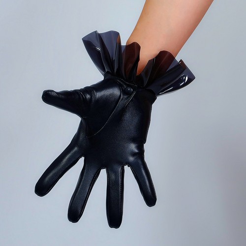 CLEAR GLOVES PVC Ruffle Trim TECH Faux Leather Black Short Plastic ...