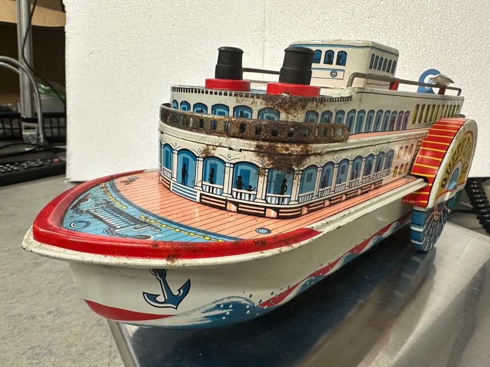 Vintage River Queen Litho Tin Boat Ship Trade Mark Modern Toys Japan As ...