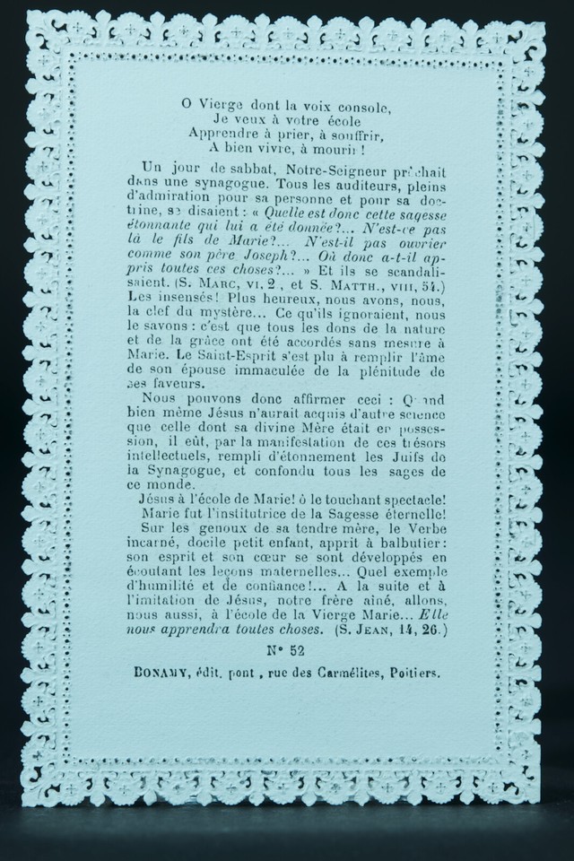 Holy Card Signed Bonamy " Let's Go To Mary School " White Lace Canivet ...