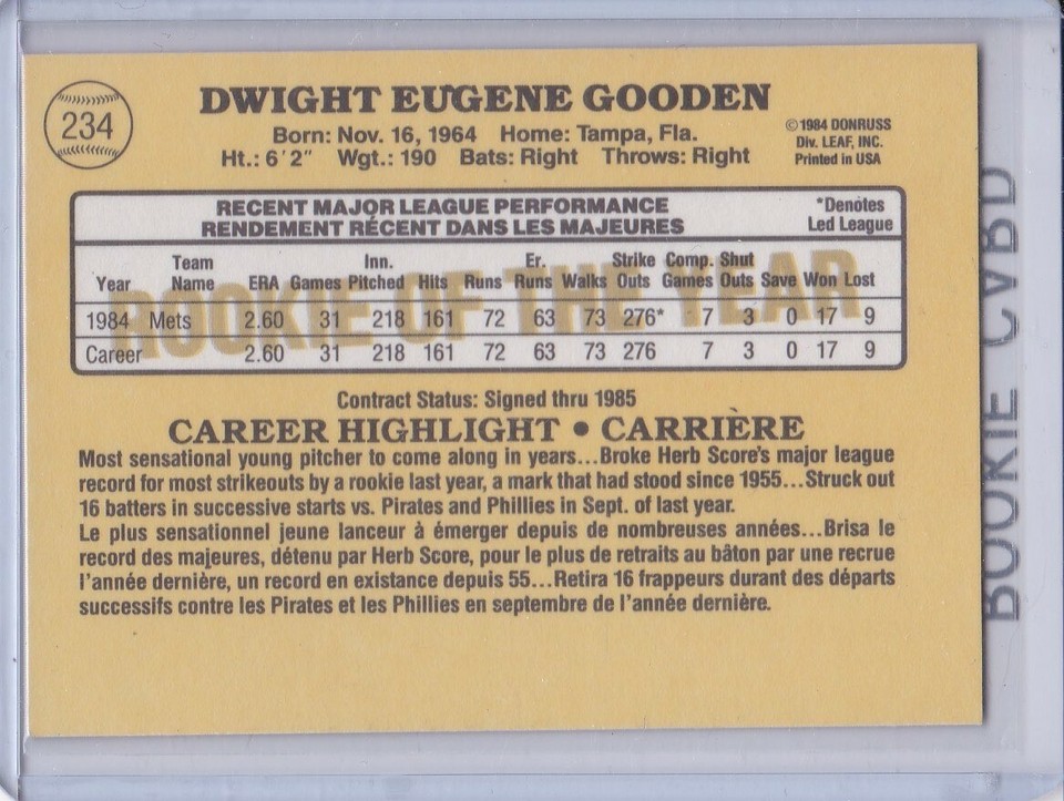 DWIGHT GOODEN ROOKIE CARD 1985 Donruss Leaf Baseball VINTAGE RC New ...