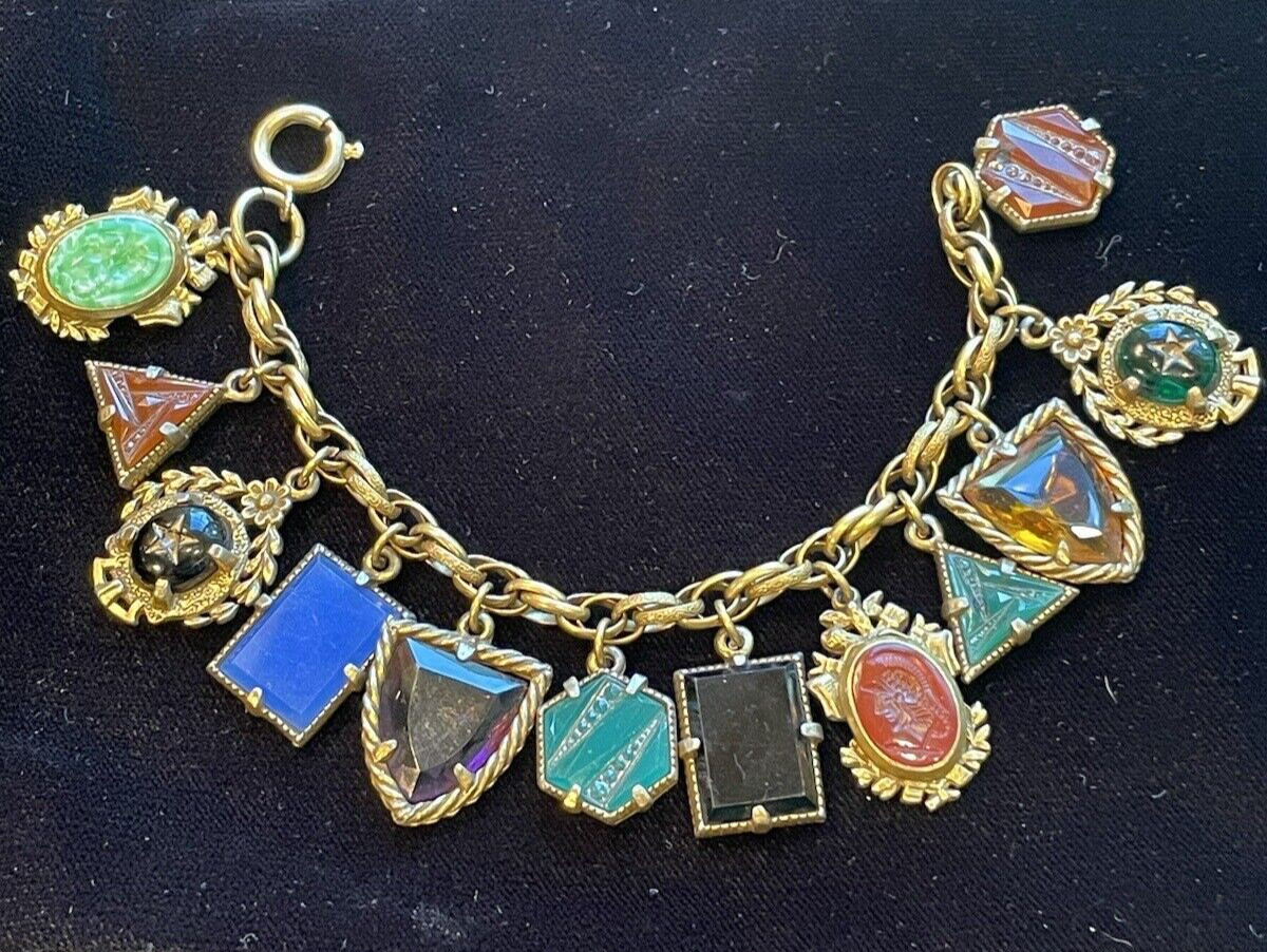 Mid-Century Gold Charm Bracelet - Shields, Impressed,… - Gem