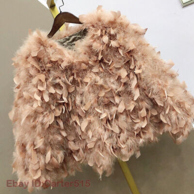 Women Real Ostrich Feather Fur Coat Shaggy Crop Jacket Party Furry ...