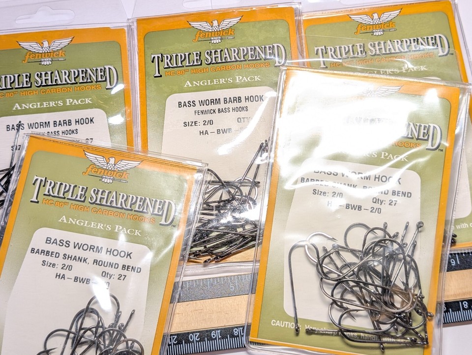 5 LOT FENWICK TRIPLE SHARPENED BASS WORM 27 HOOKS BARBED SIZE 2/0 HIGH ...