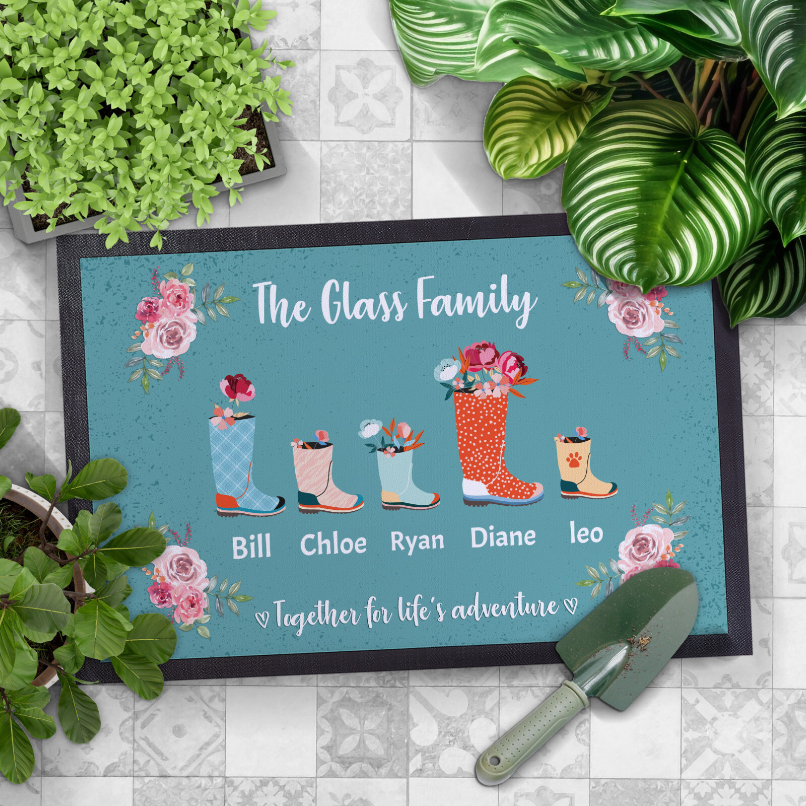 Colourful Family Of 5 Welly Design - Personalised Door Mat - 60cm x ...