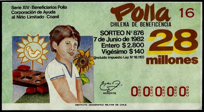 CHILE, LOTTERY TICKET, "POLLA CHILENA", GAME # 876, YEAR 1982, NUMBER ...