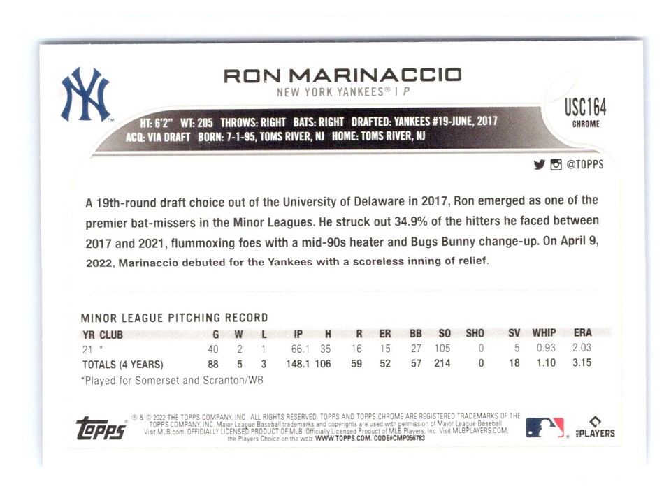 2022 Topps Chrome Update #USC164 Ron Marinaccio Rookie New York Yankees ...