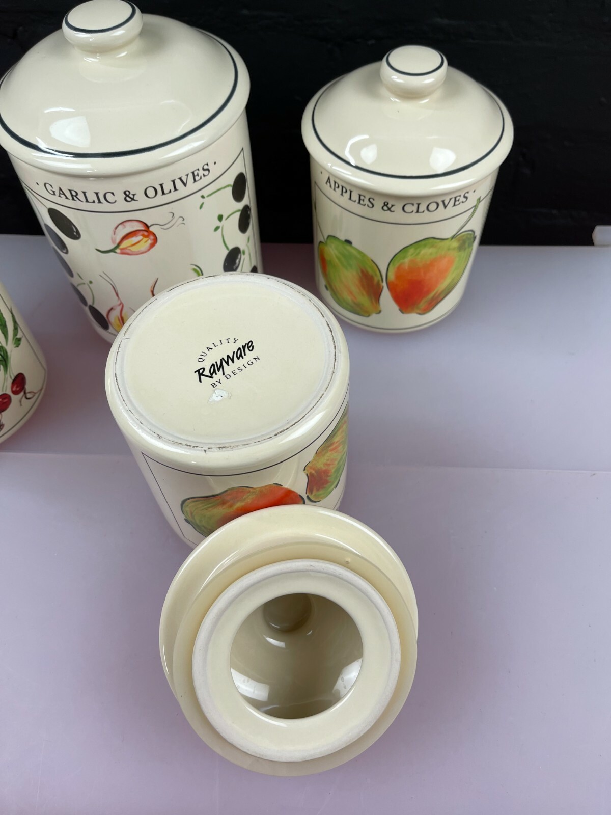 4 x Rayware Ceramic Storage Jar Tomatoes Apples Cloves Radishes Market ...
