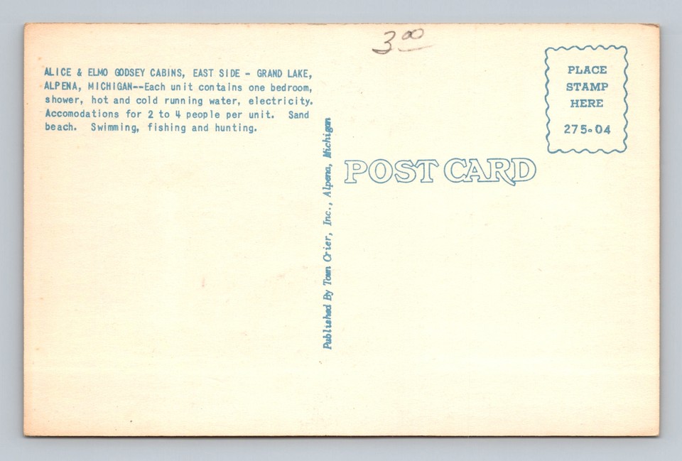 Michigan MI Alpena Alice And Elmo Godsey Cabins Vintage Postcard Postal ...