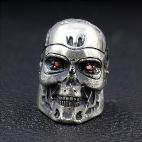 925 sterling silver handmade Terminator Robot T800 skull Ruby eyes ...
