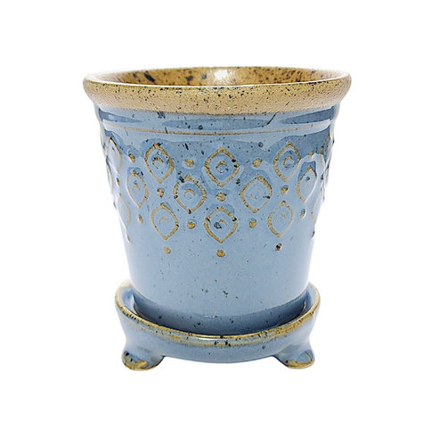 Embossed Design Cup Saucer Shape Mini Ceramic Plant Pot With Attached ...