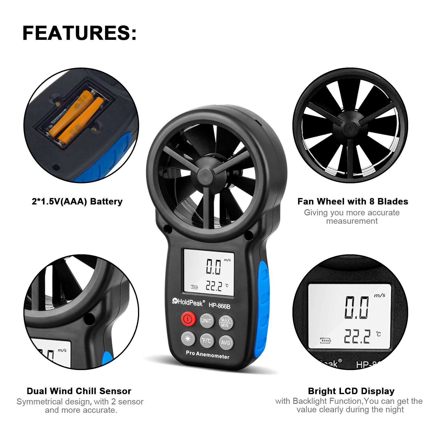 Digital Anemometer Wind Speed Meter Wind Measuring Air Flow Meter ...