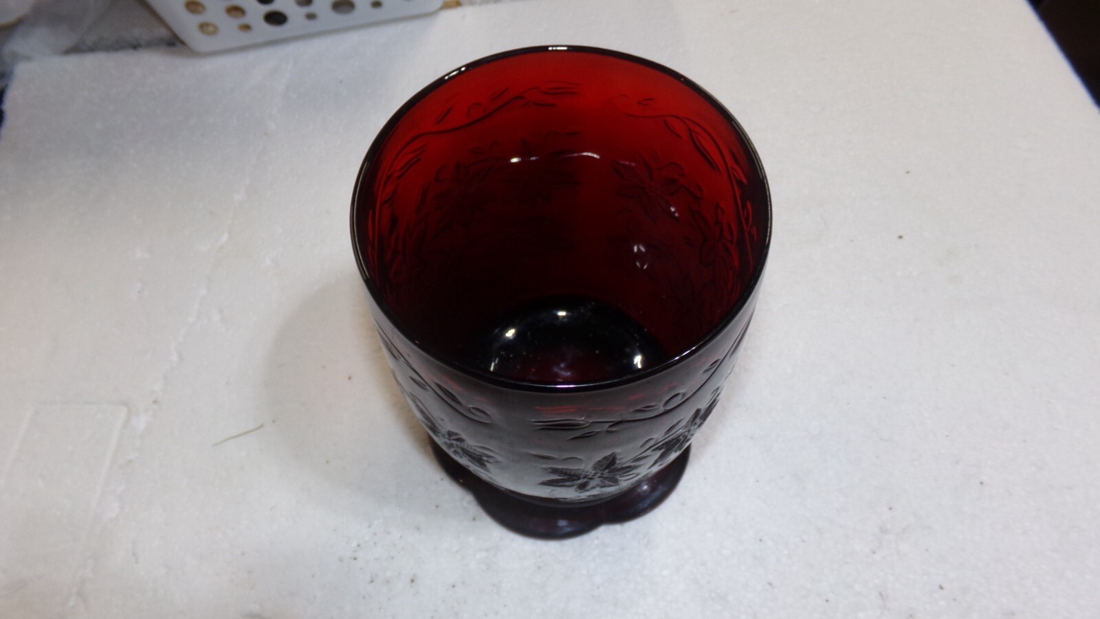 BLOOD RED RUBY VASE EMBOSSED FLOWERS SCROLL WORK SIGNED ON BOTTOM L AND ...