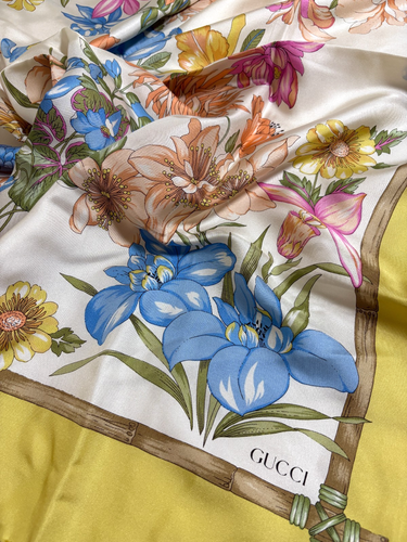 Gucci Silk Scarf 33.4" Yellow Border Multicolor Floral Print Made in ...