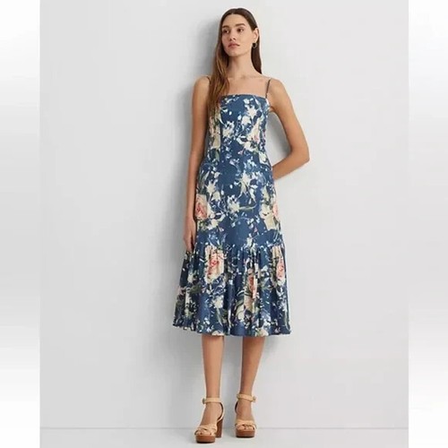Nwt $225 RALPH LAUREN Linen Blend Floral teal Garden Party midi Dress ...