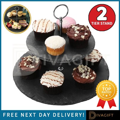 CAKE STAND 2 TIER NATURAL SLATE TRAY AFTERNOON TEA WEDDING PLATES PARTY ...