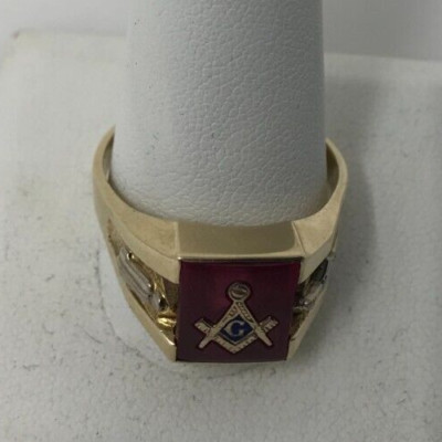 10K Yellow Gold Masonic Freemason Red Stone Ring | eBay