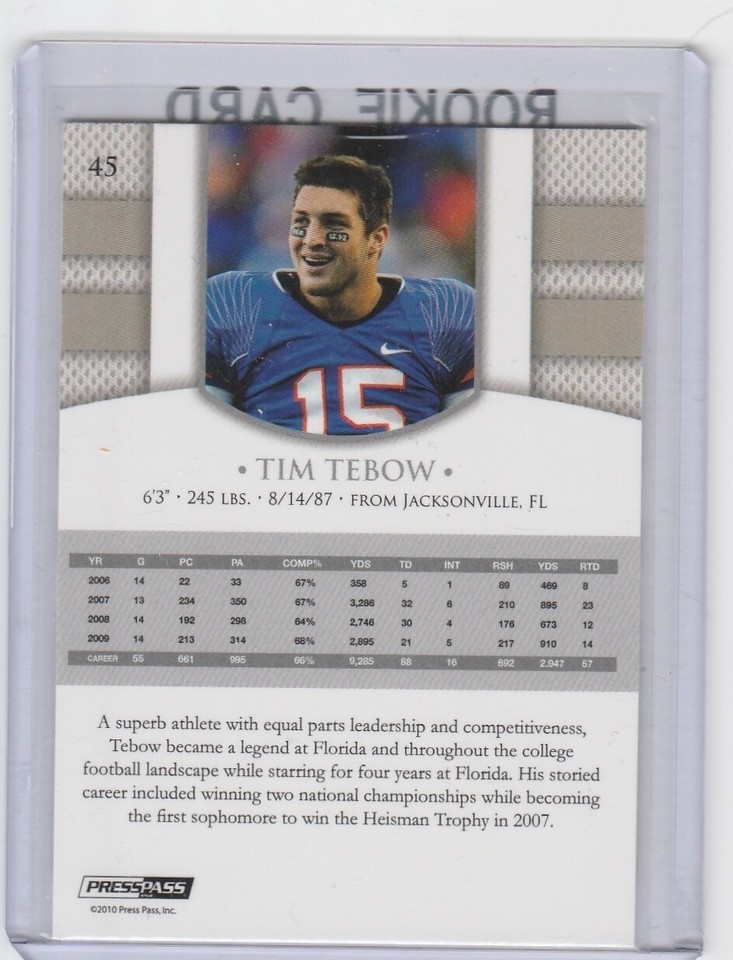 TIM TEBOW Florida Gators 2010 NCAA College Football ROOKIE CARD Broncos ...