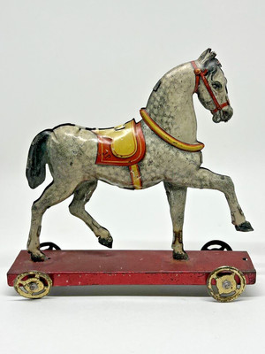 Antique Vintage Horse tin toy Victorian pull on wheels rare 100 YEARS ...