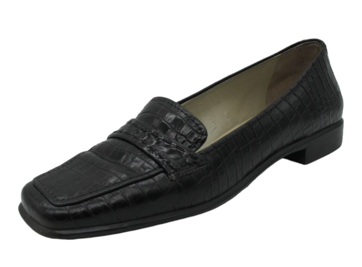 Ann Taylor Loafer Shoes 7.5 Croc Animal Print Black Leather Low 3/4 ...