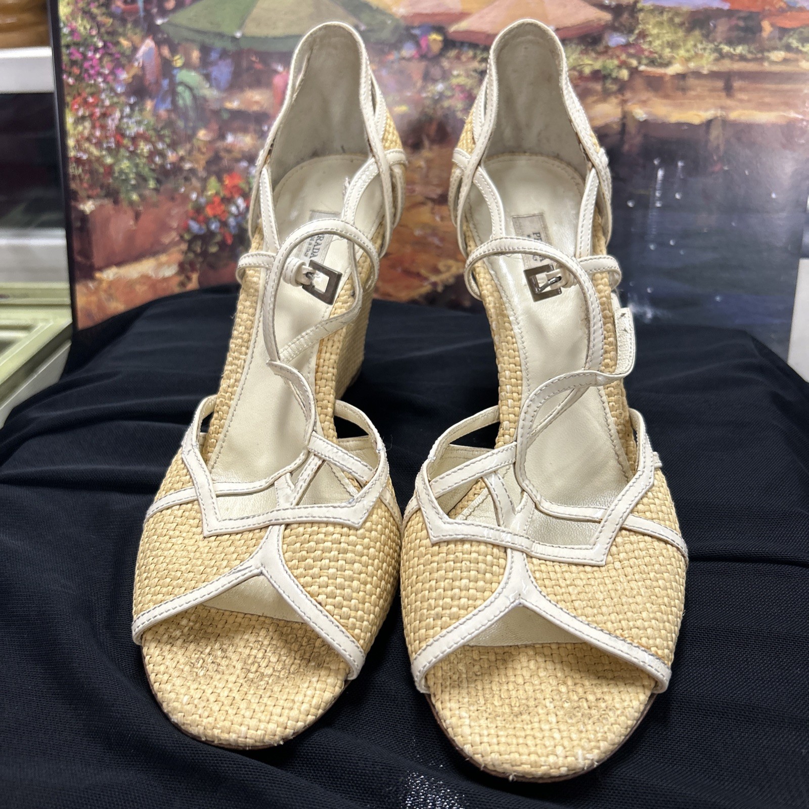 Prada Platform Raffia And Leather Wedge Beige Sandals - Gem