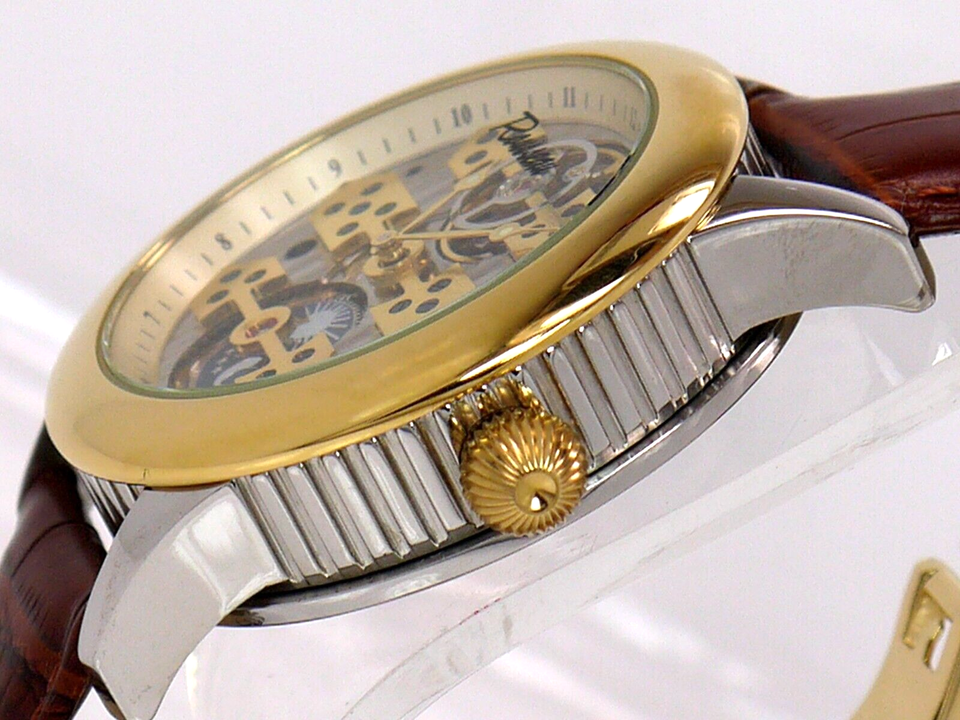 NEW ROUSSEAU GESTALT GOLD BROWN LEATHER AUTOMATIC TRIPLE BRIDGE WATCH ...