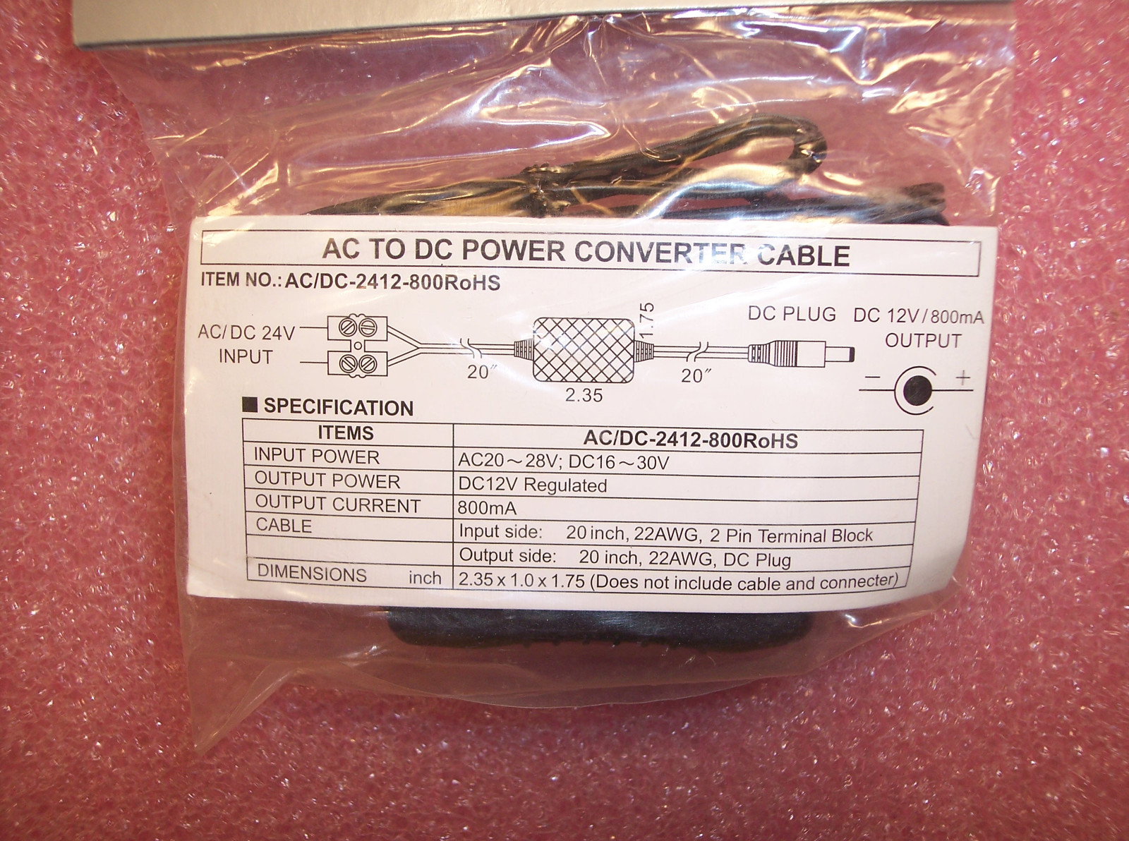 AC/DC2412-800ROHS MG ELECT 24Vac TO 12Vdc POWER CONVERTER CABLE CCTV ...