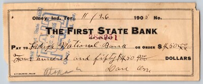 Olney, Okla. Indian Territory 1905 $450 First State Bank Check - Ghost ...