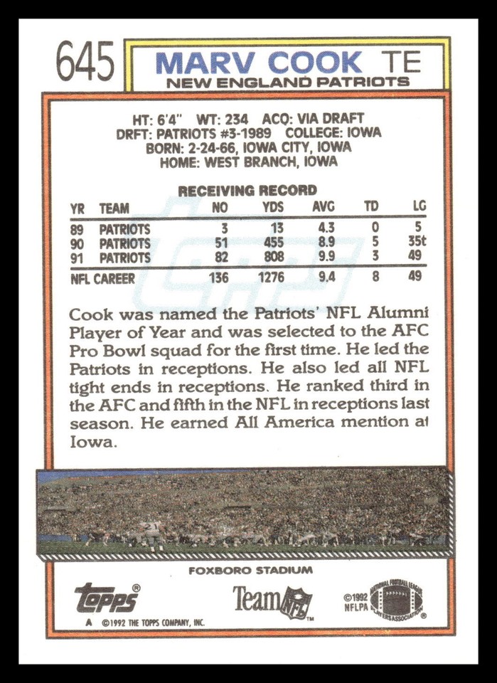 1992 Topps #645 Marv Cook New England Patriots Football Card EX | eBay