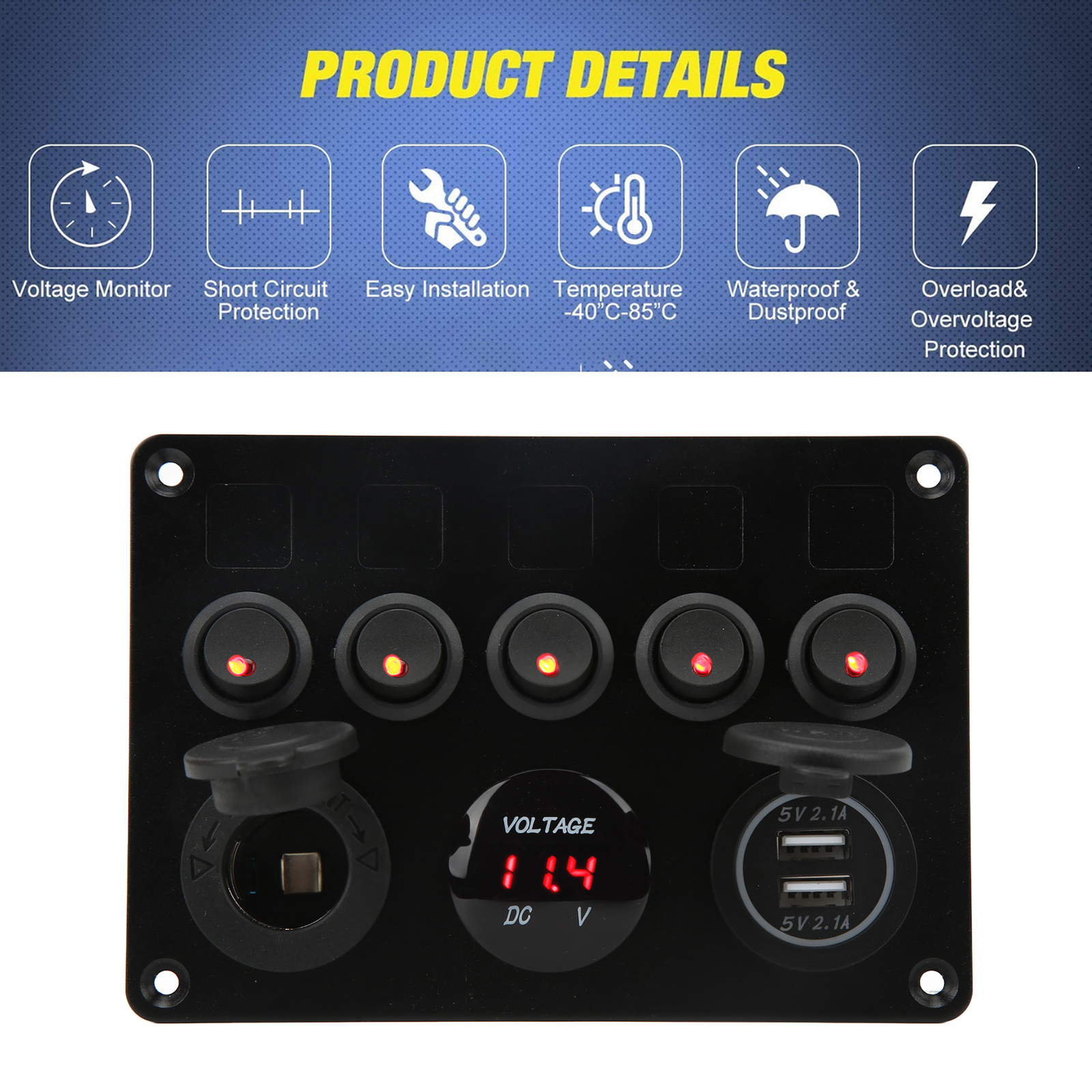 Red 5 Gang Switch Panel Waterproof 12‑24V LED Switch Panel with Digital ...