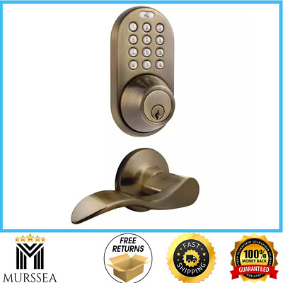 Keyless Door Lock Deadbolt And Lever Handleset Antique Brass Electronic ...