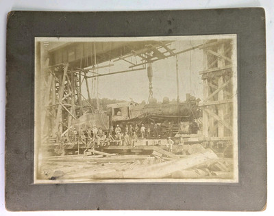 Antique Boarded Cabinet Photo Unique Railroad Train Bridge Rope Men ...
