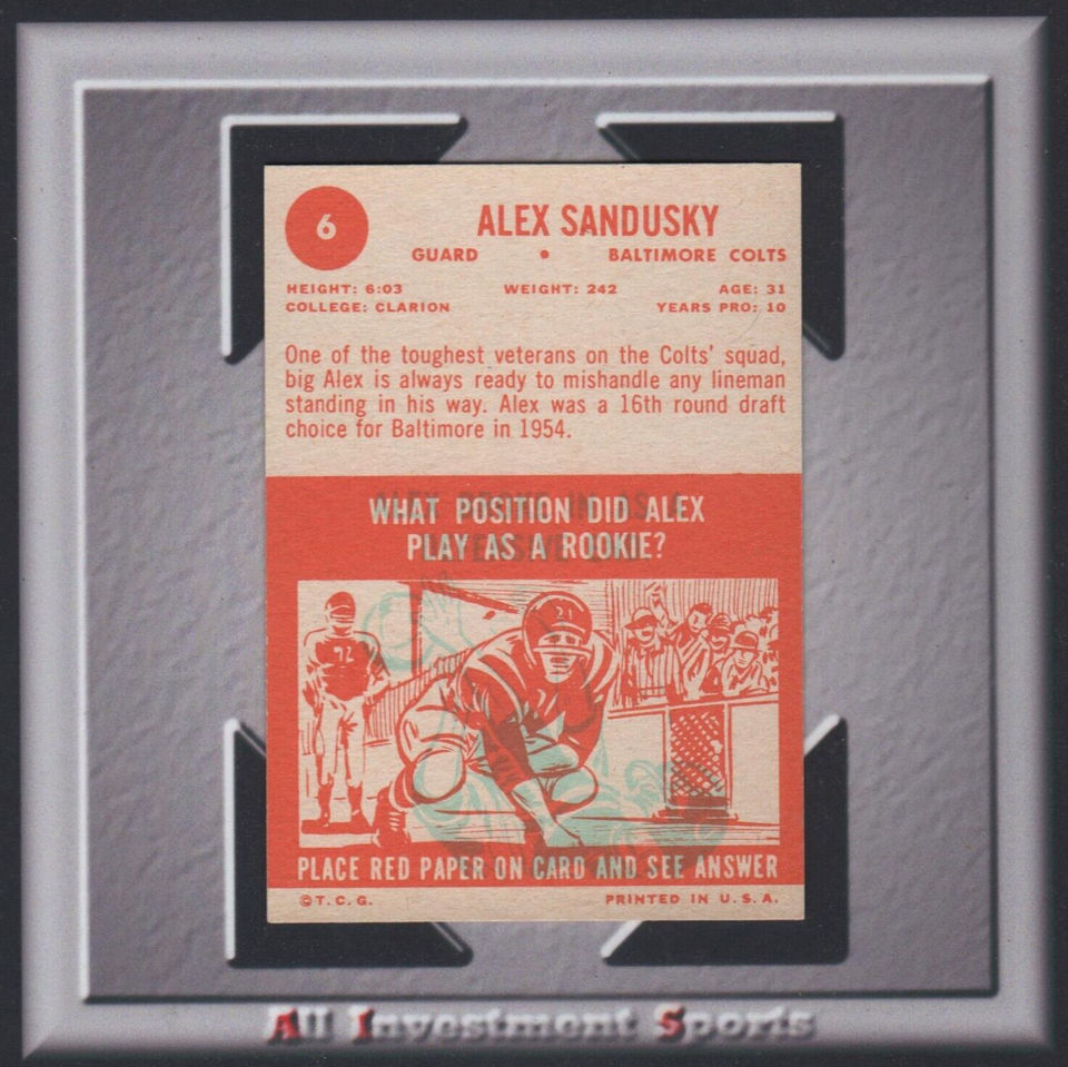 1963 Topps ALEX SANDUSKY #6 NM+ Baltimore Colts **Clean Surface** TD89 ...