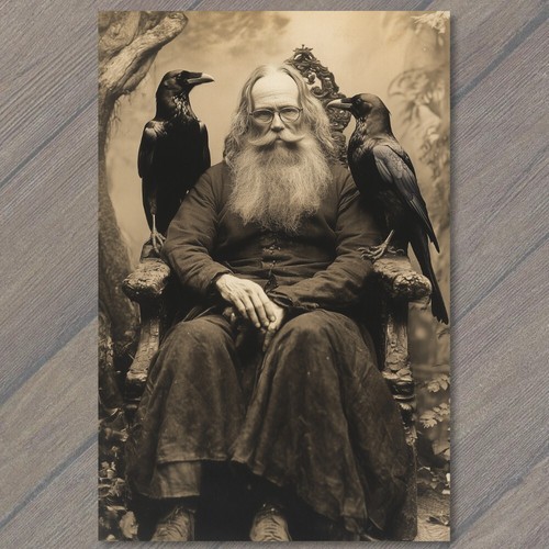 4x6" Elderly Man Beard Sitting Ravens Chair Gothic Dark Art Birds ...