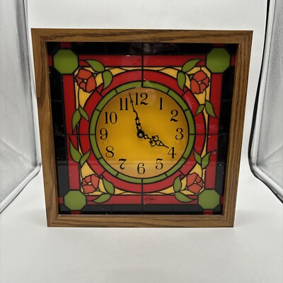 Roses Elgin Stained Glass Wall Clock Wood Frame Floral Mcm 14” Decor ...