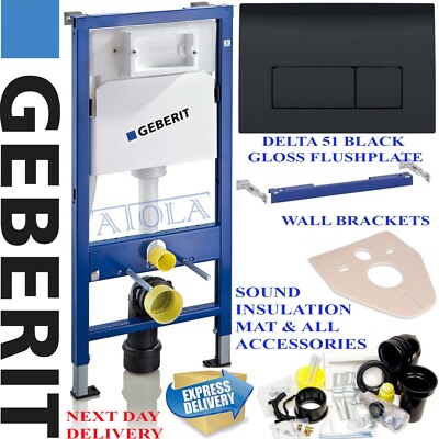 Geberit wall hung toilet frame with black gloss flushplate, brackets ...