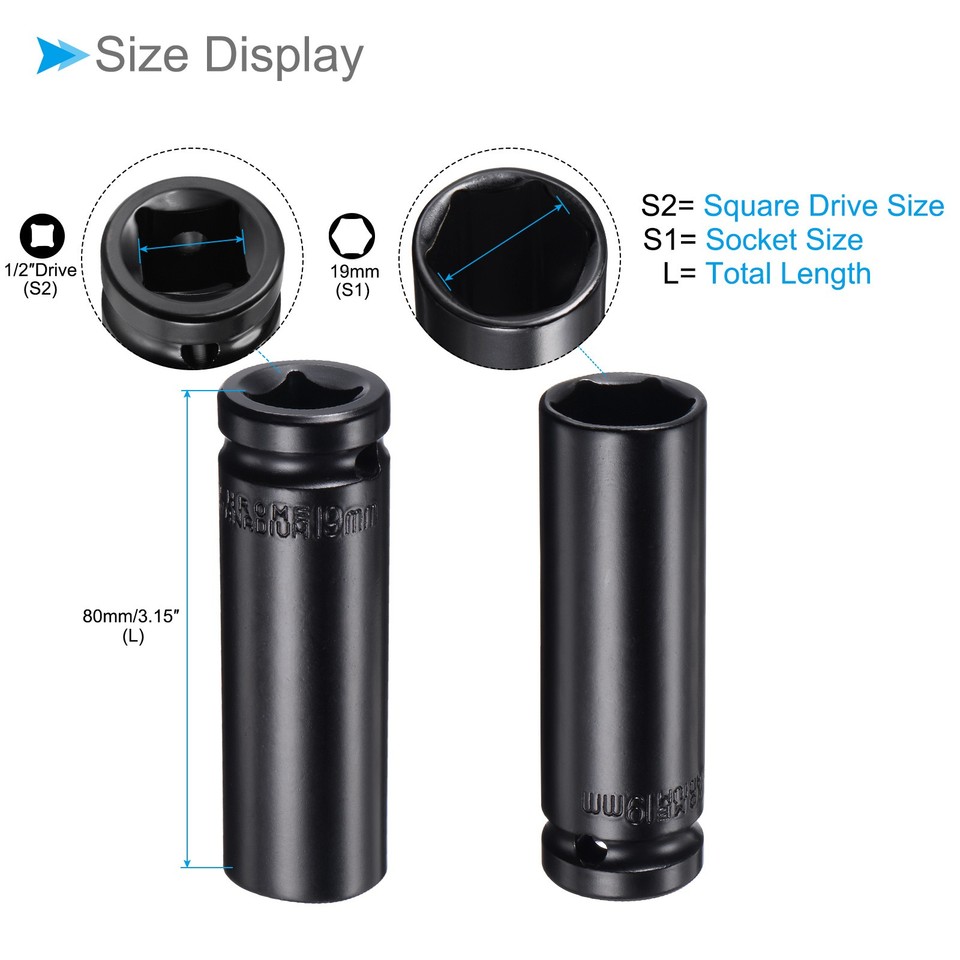 Deep Impact Socket 1/2" Drive 19mm CR-V Steel Round Corner 6 Point for ...