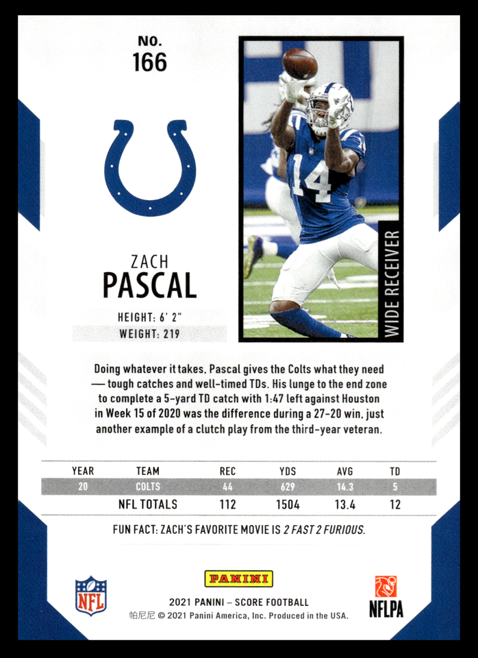 2021 Panini Score Zach Pascal #166 Indianapolis Colts NFL Football Base ...
