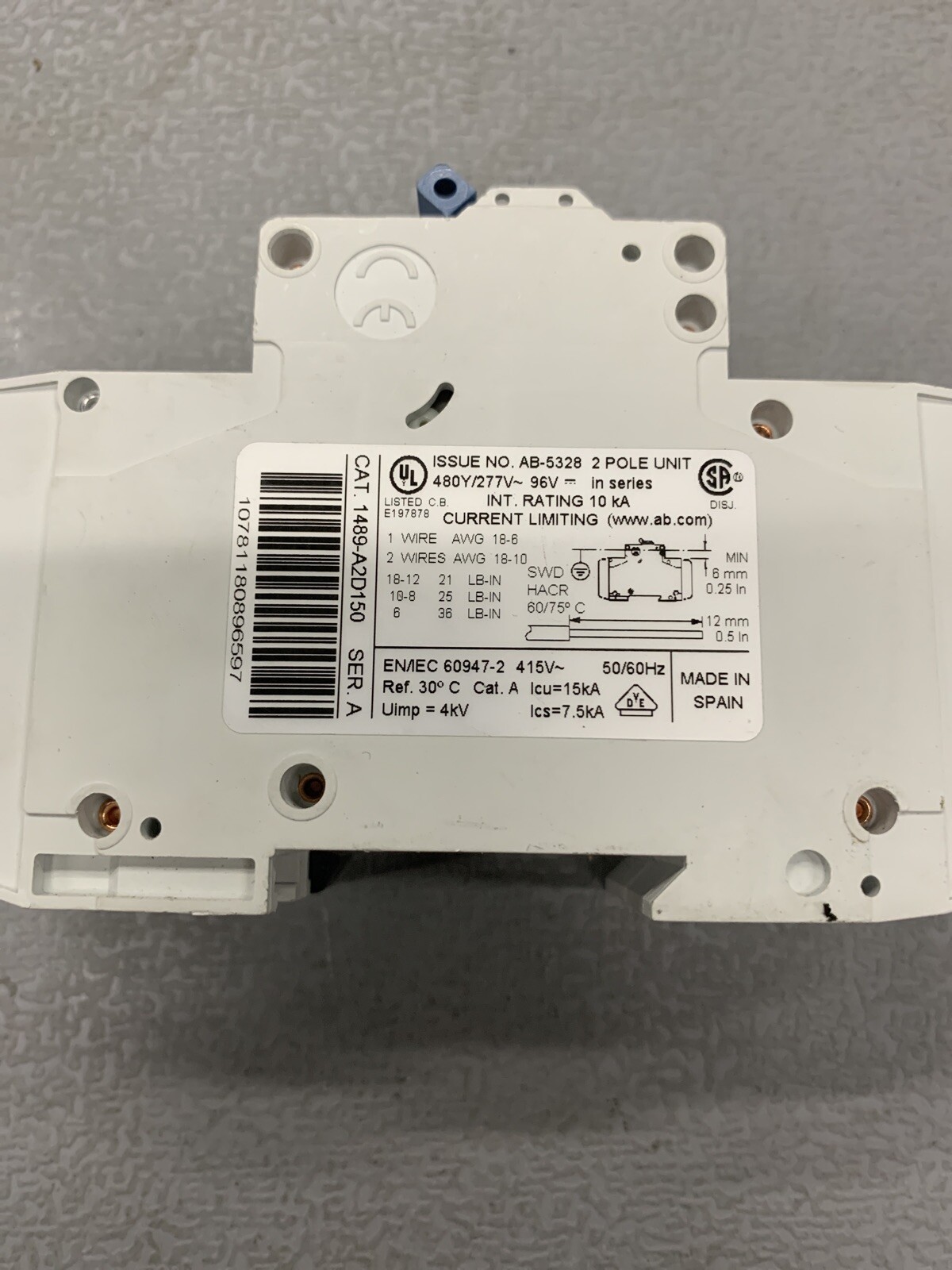 Allen Bradley 1489-A2D150 Circuit Breaker 2P 15A 480Y/277Vac | eBay