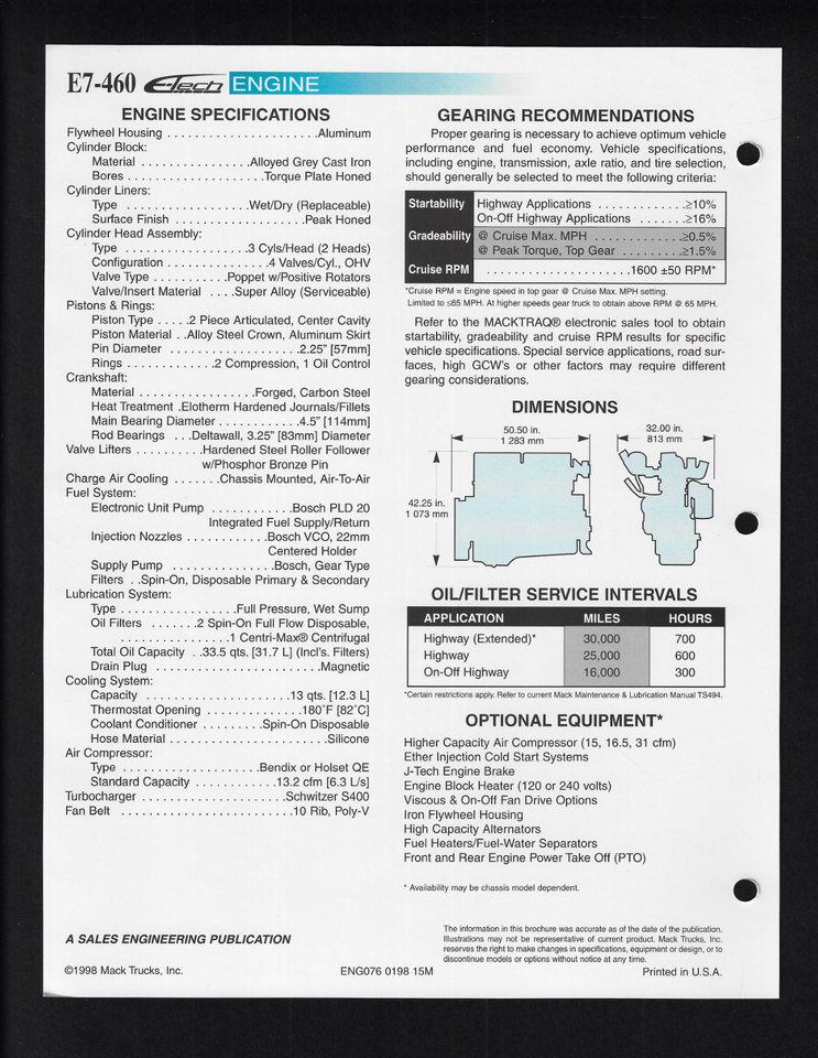MACK TRUCKS E7-460 ETECH ENGINES SPECIFICATIONS BROCHURE 1998 | eBay