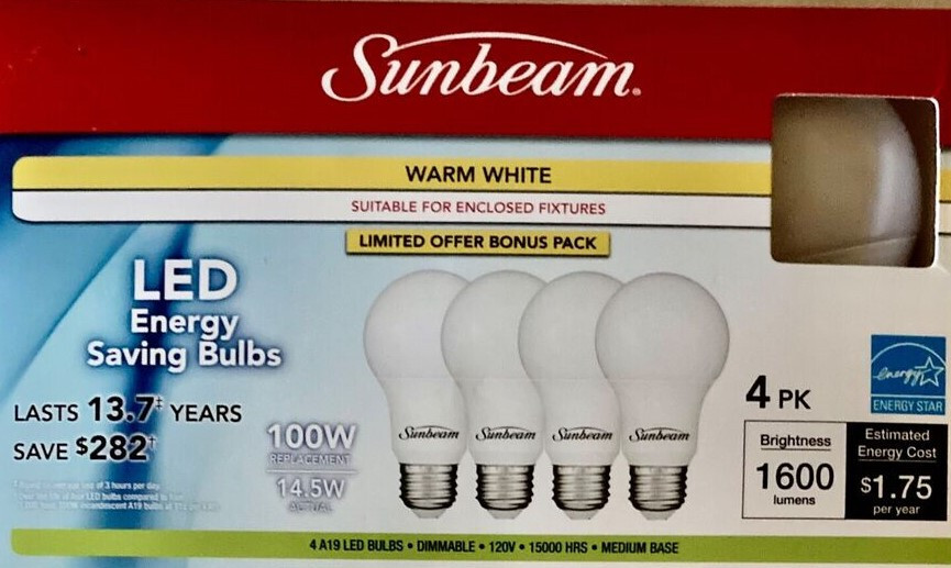 Sunbeam (100w) LED (4-Bulbs) Dimmable 14.5 Watt Warm White Light Bulbs ...