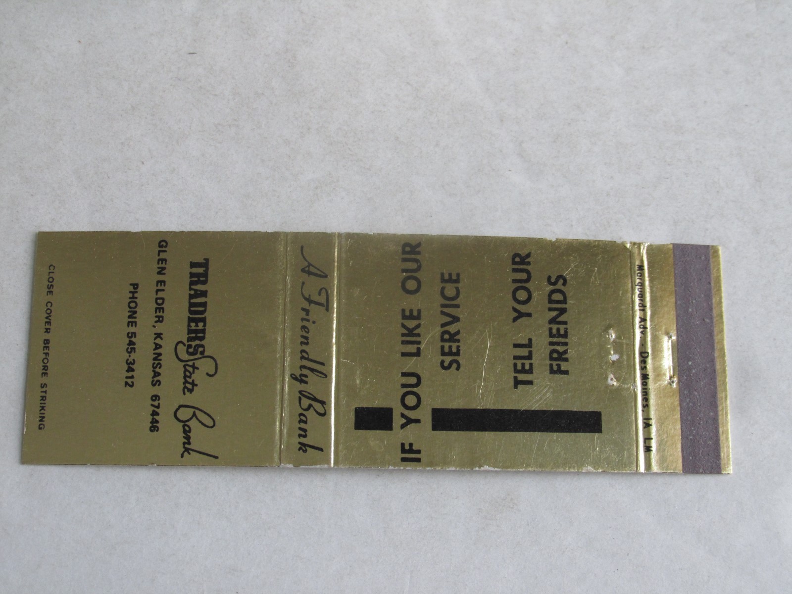 S286 Vintage Matchbook Cover KS Kansas Traders State Bank Glen Elder | eBay