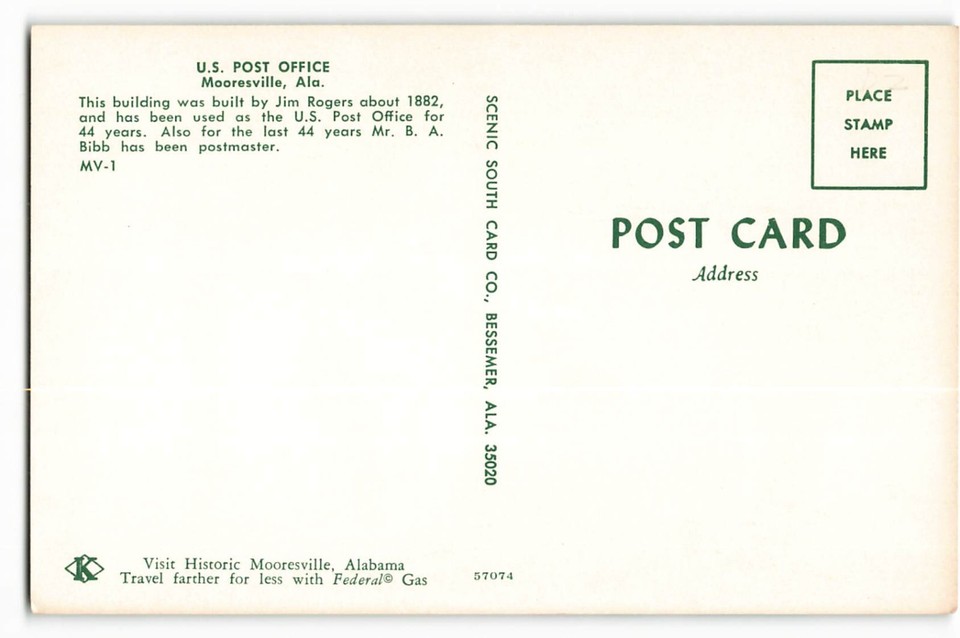 Postcard U.S. Post Office, Mooresville, Alabama built by Jim Rogers VTG ...