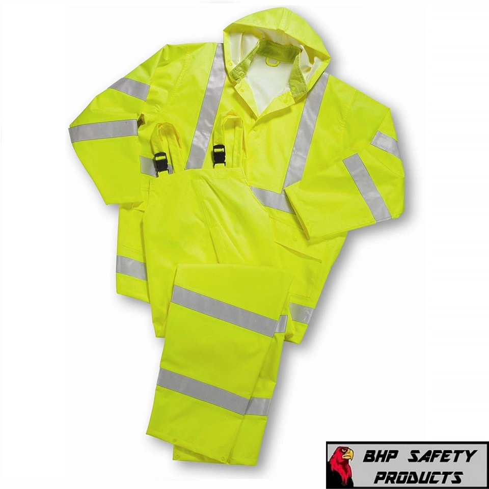 Hi-Vis Lime Class 3 Safety Rain Suit Reflective Rain Jacket w Hood and ...
