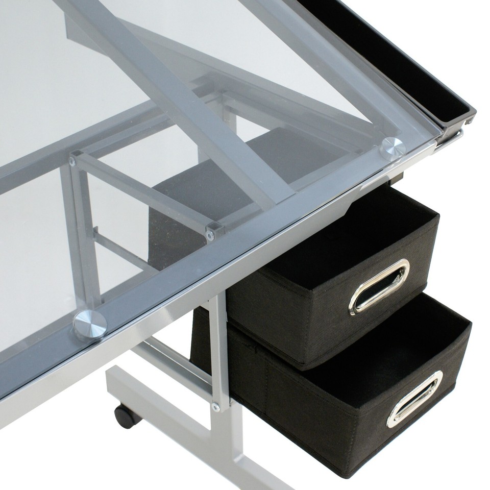 Drafting Table on Wheels Adjustable Glass Tabletop Drawing Desk w ...
