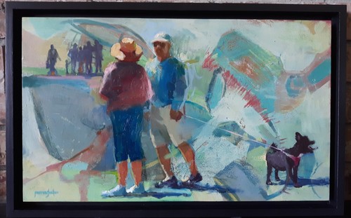 YOUNG AT HEART by Joanne Shellan oil/acrylic on panel 20x12x1 couple ...