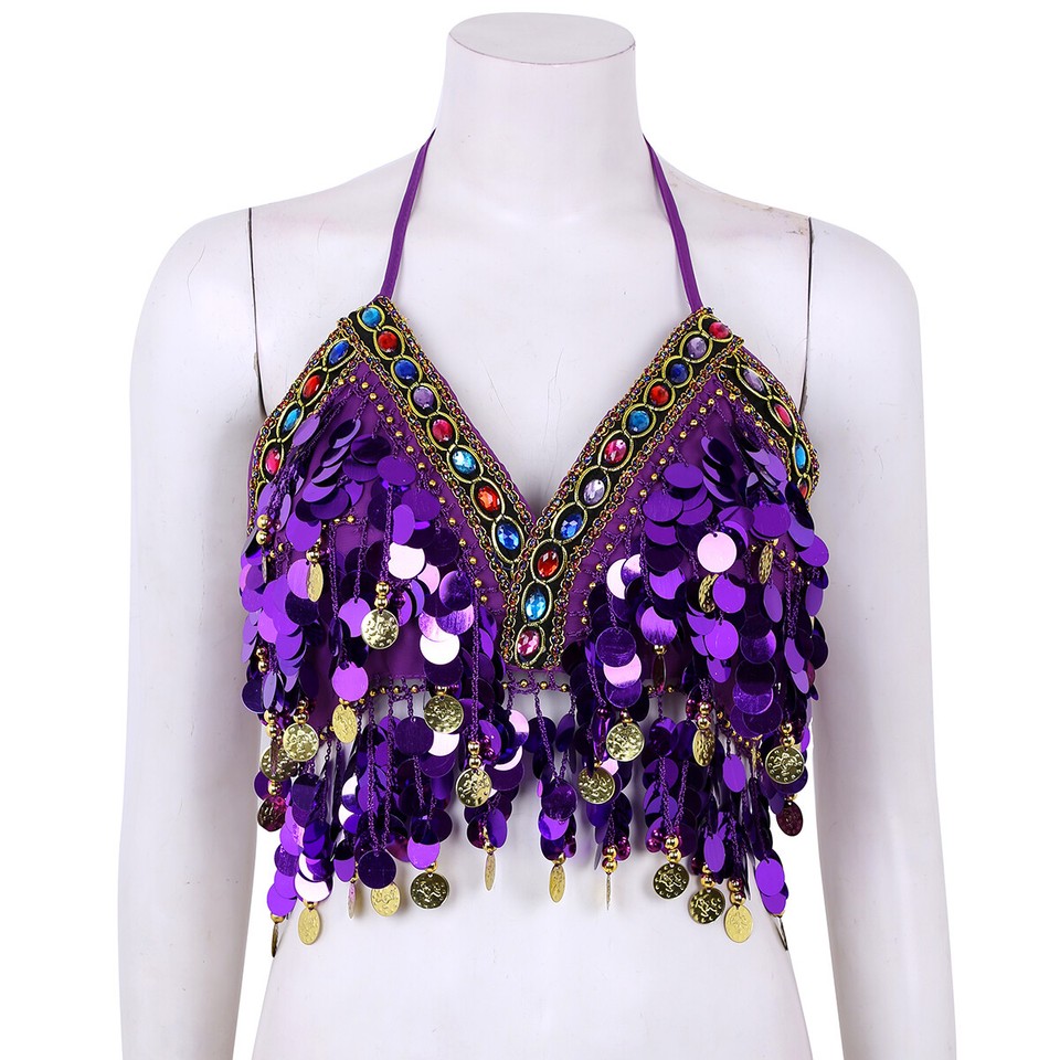 Womens Sequin Halter Salsa Belly Dance Bra Tops Party Club Wear Costume ...