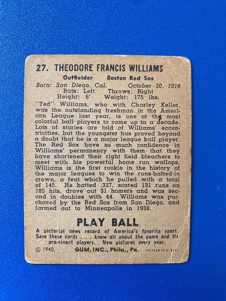 Ted Williams Boston 1940 Play Ball Card - #27 Hall of Fame | eBay