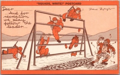 1951 Military Comic Postcard "SQUADS, WRITE!" Obstacle Course Artist ...