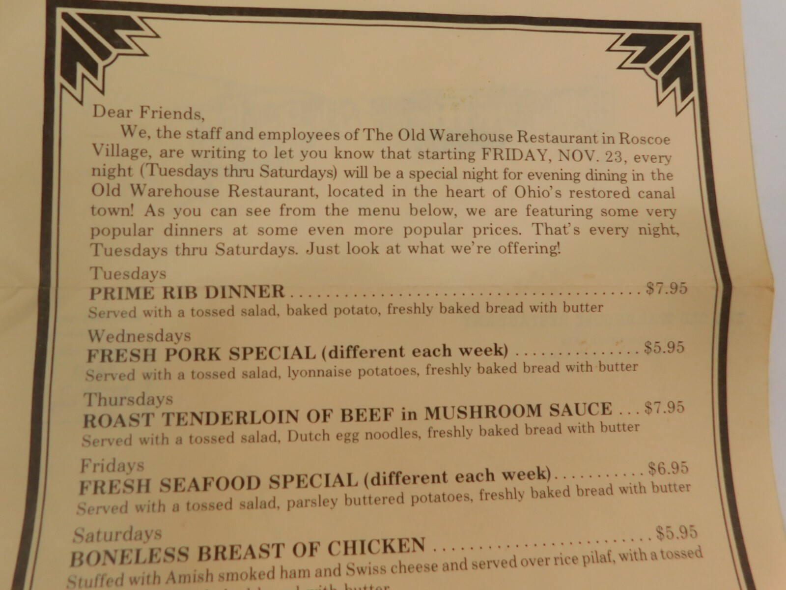 Vintage 1980's The Old Warehouse Restaurant Menu Roscoe Village Ohio | eBay