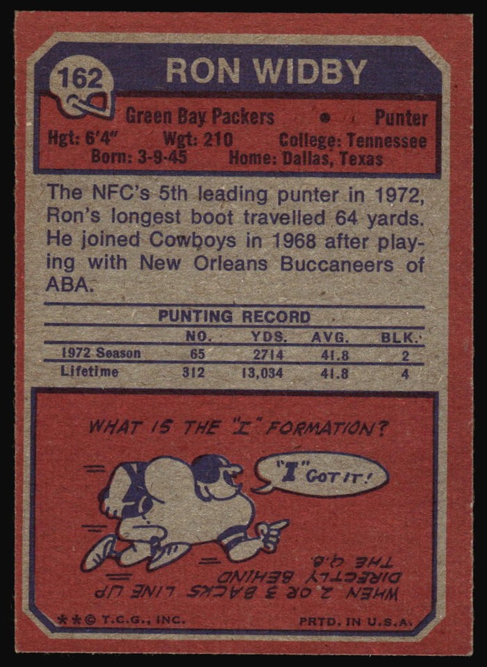 1973 Topps Ron Widby Rookie #162 Green Bay Packers | eBay